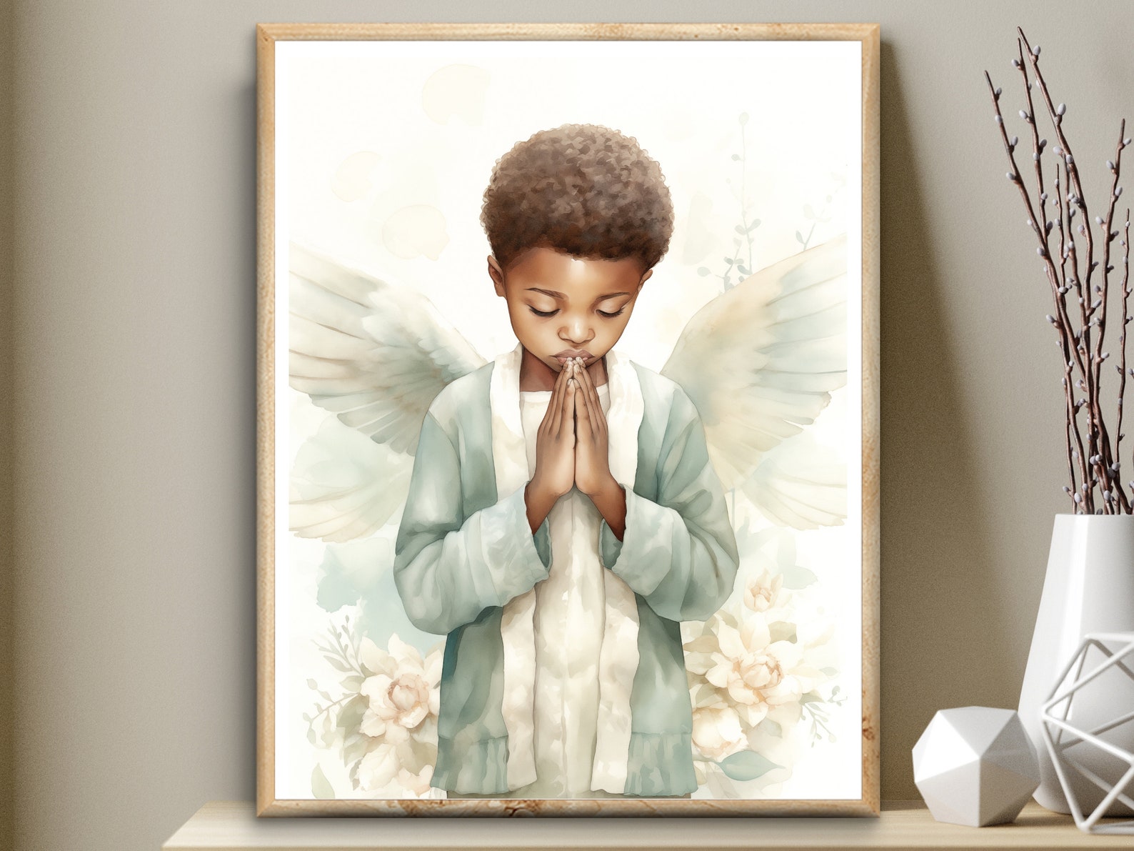 African American Angel Boy Praying, A Child of God, Dark Skin Black Boy ...