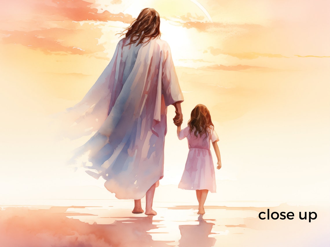 Jesus Leads a Little Girl, Jesus Bible Digital Art, Jesus Illustration ...