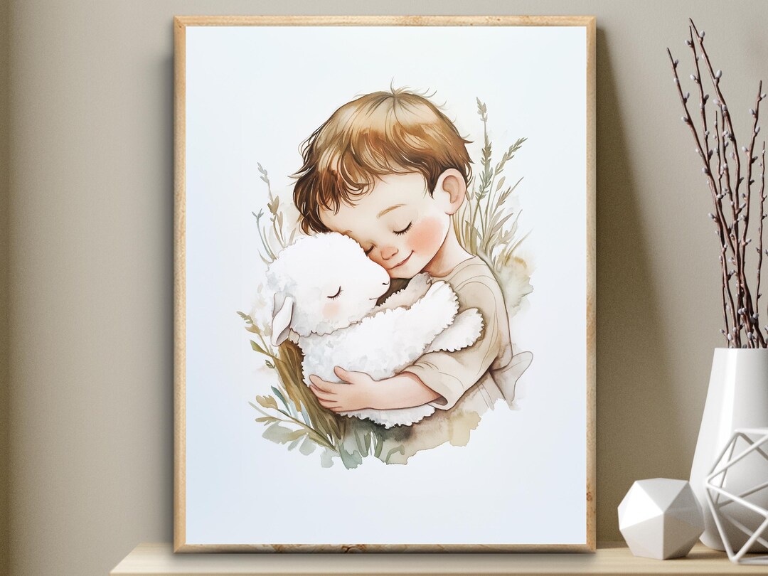 The Good Shepherd, Boy Holding a Lamb, Nursery Bible Digital Printable ...
