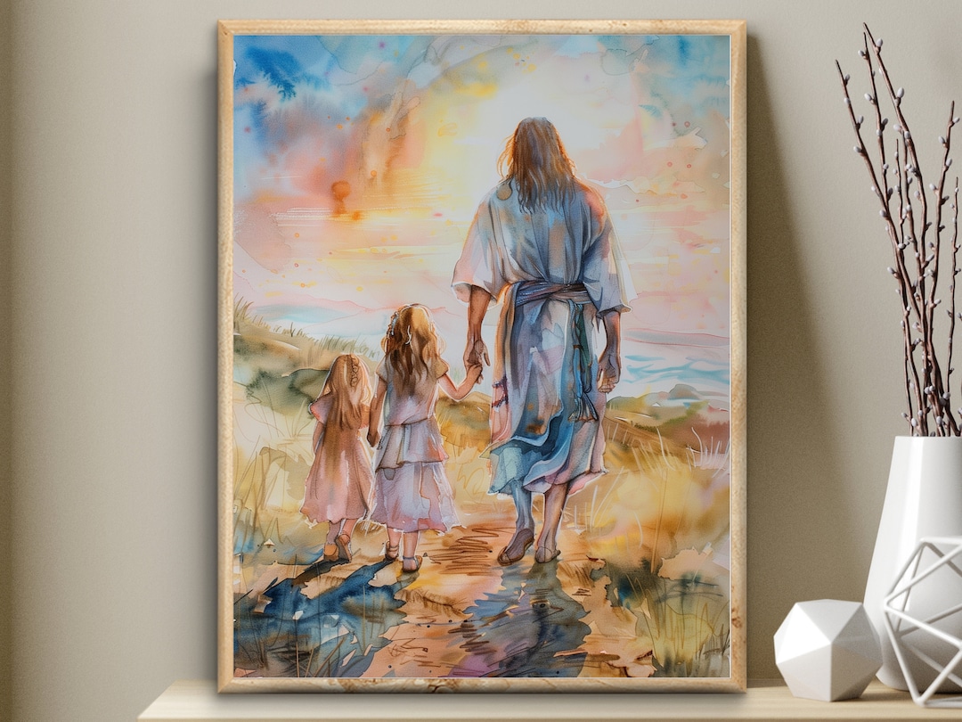 Jesus Christ With Sisters, Two Blonde Girls Watercolor, Bible Digital ...