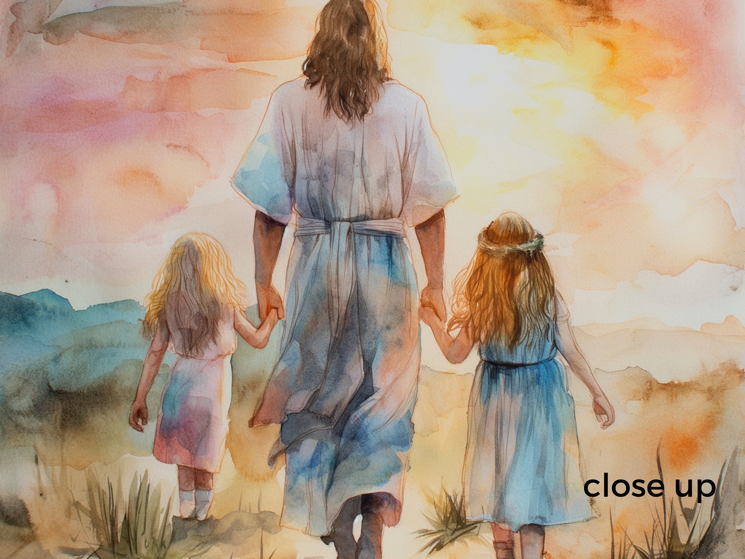 Jesus Christ With Sisters, Two Blonde Girls Watercolor, Bible Digital ...