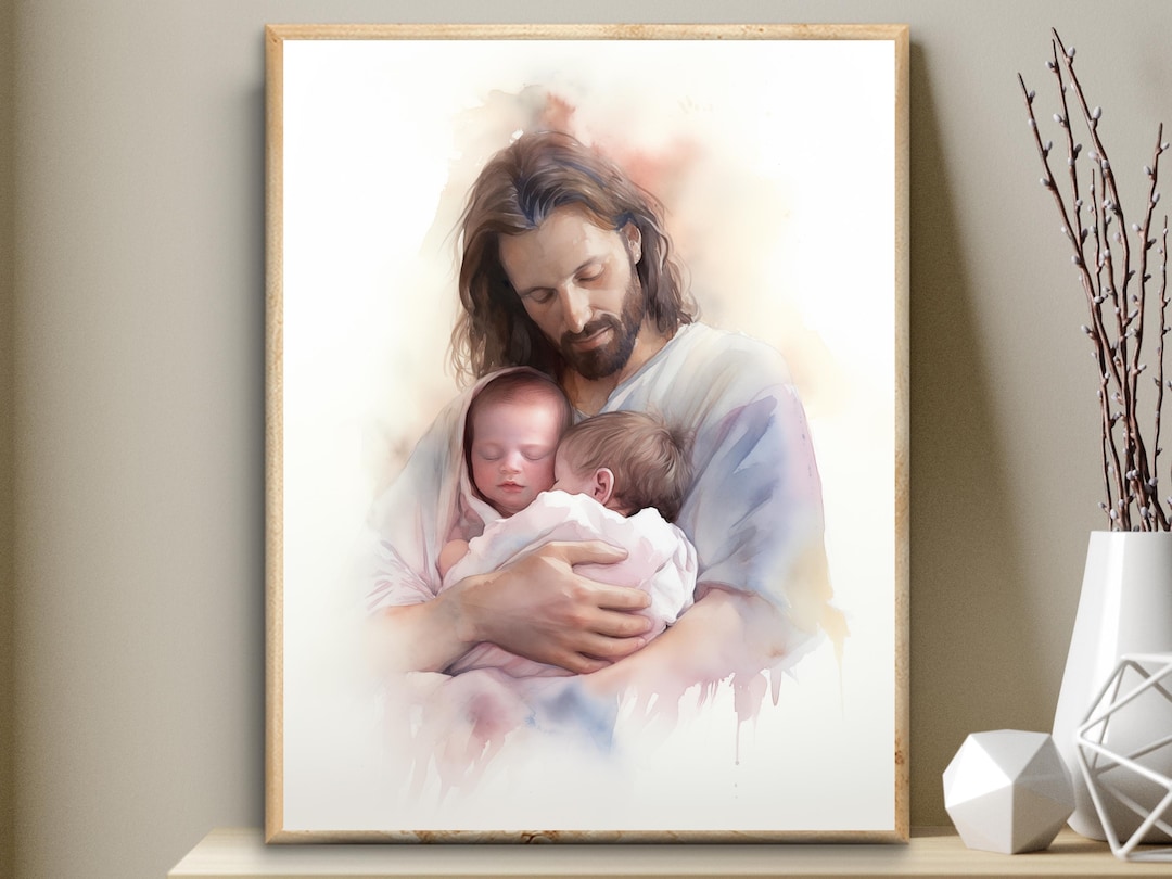 Jesus With Two Newborn Babies, Watercolor, Bible Digital Print, Wall ...