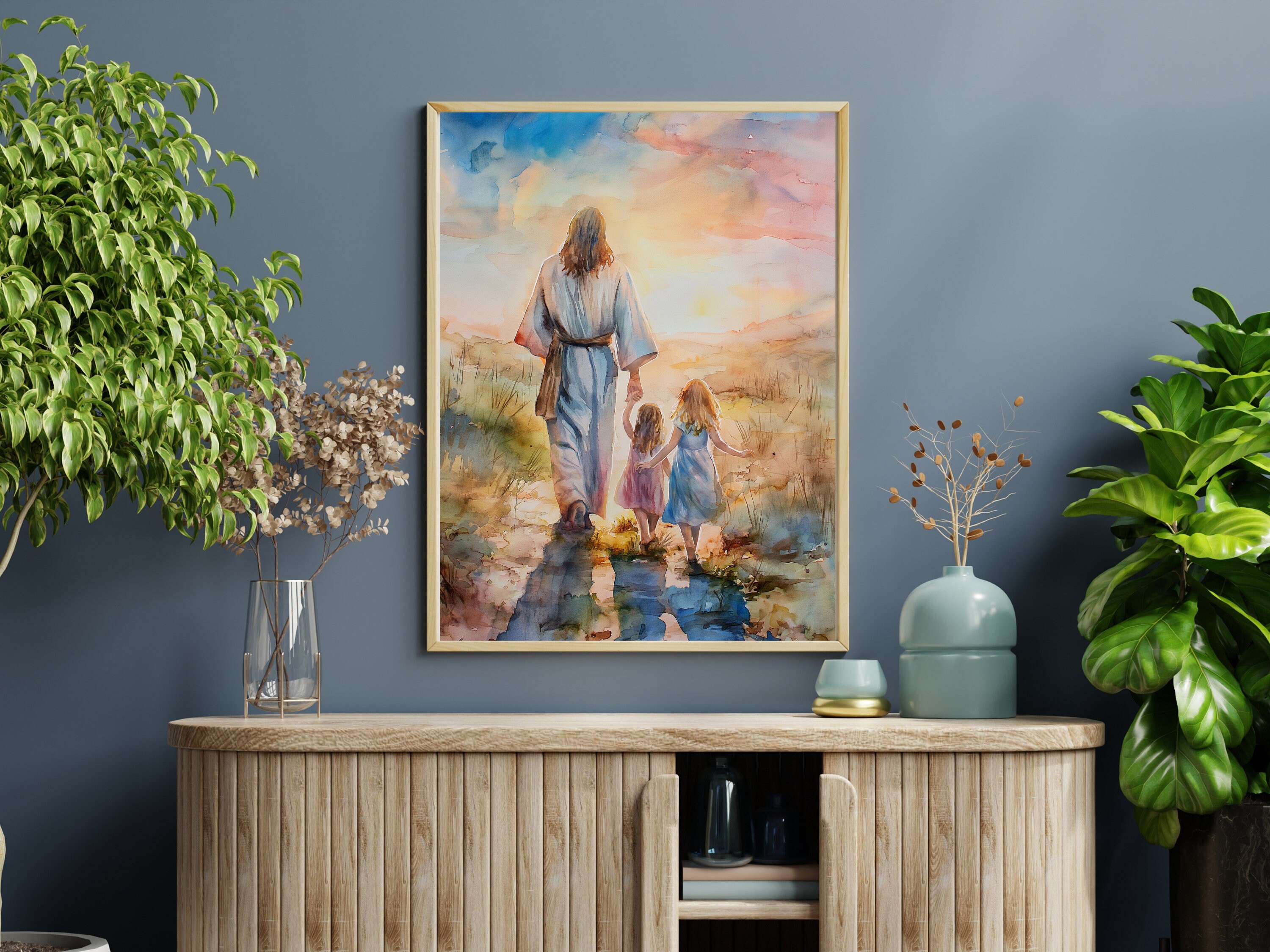 Jesus Christ With Sisters, Little Girls Watercolor, Bible Digital Print ...