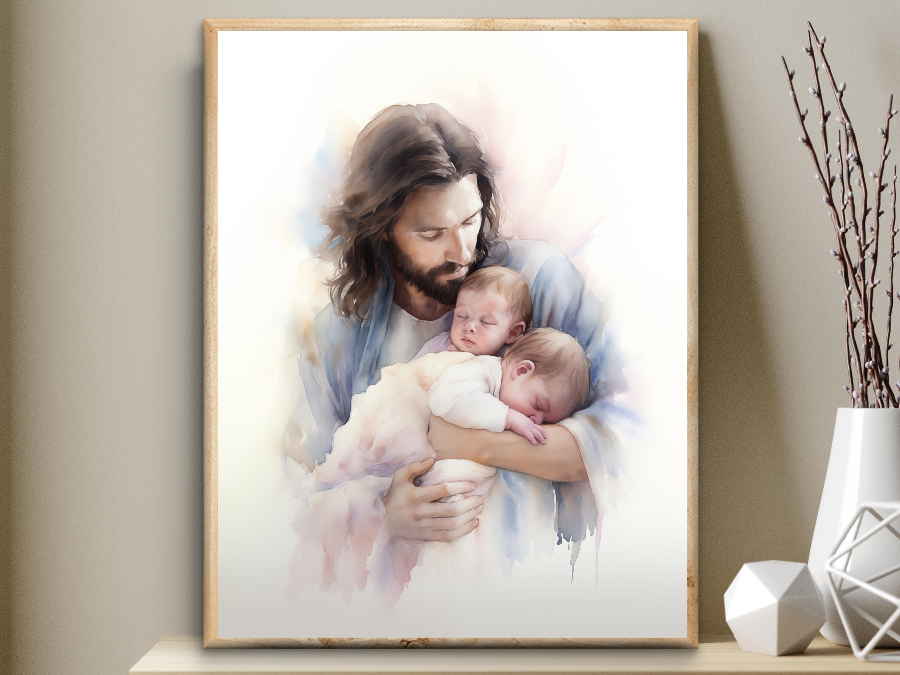 Jesus With Two Newborn Babies, Twins, Bible Digital Print, Wall Art ...