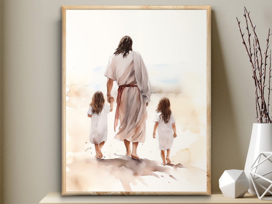 Jesus Walking With Little Twin Girls, Sisters, Bible Digital Print, A ...