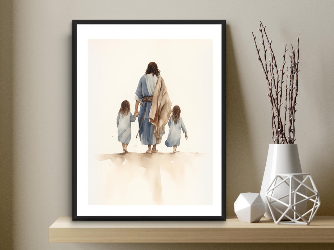 Jesus Christ With Twin Girls Watercolor, Bible Digital Print, A Child ...