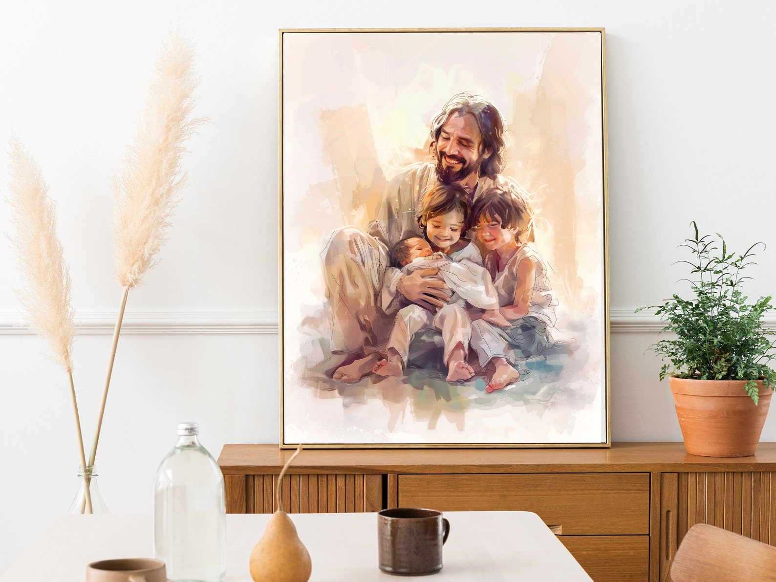 Jesus Christ With a Baby, Little Girl and Little Boy, Three Children ...