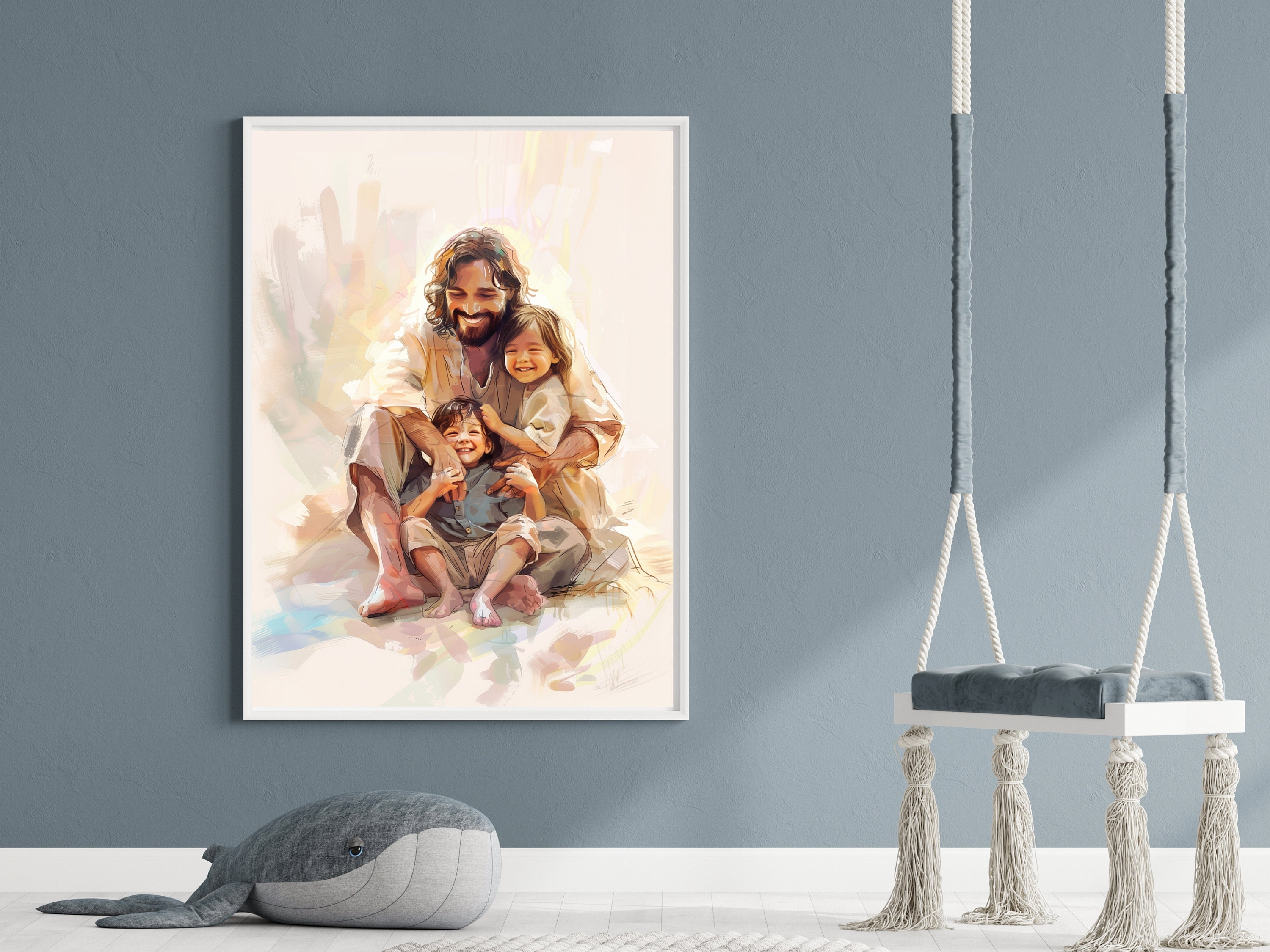 Jesus Hugging a Little Girl and Boy, Brother and Sister, DIGITAL PRINT ...