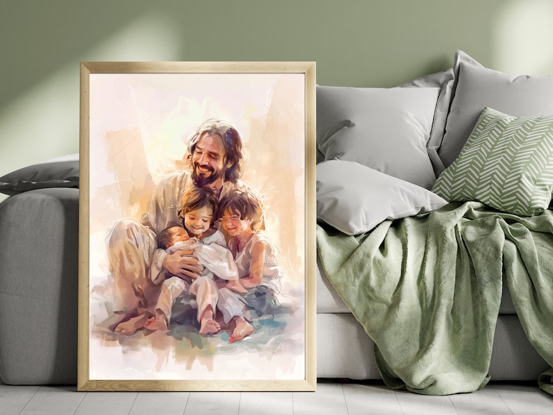 Jesus Christ With a Baby, Little Girl and Little Boy, Three Children ...