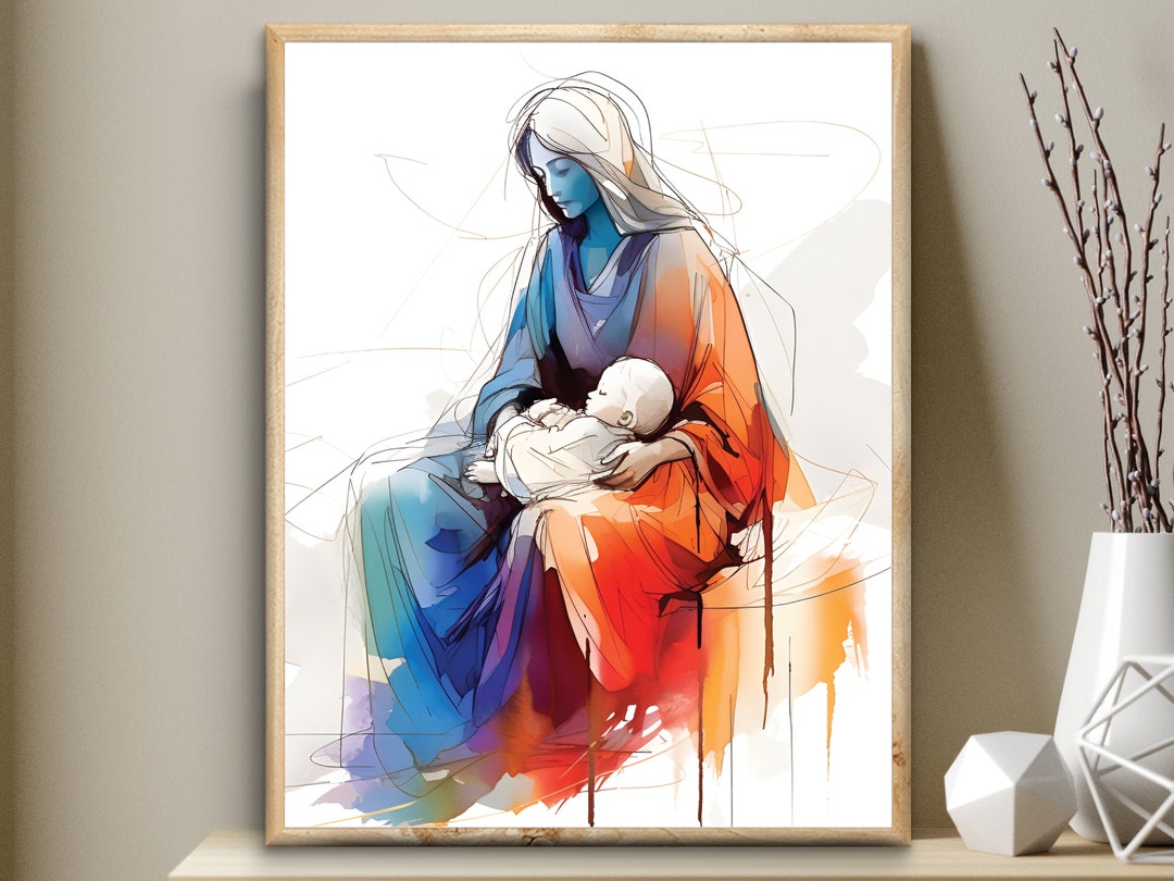 The Virgin Mary and Jesus, Bible Printable Digital Art, Ink Sketch ...