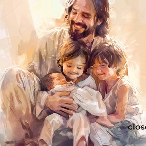 Jesus Christ With a Baby, Little Girl and Little Boy, Three Children ...