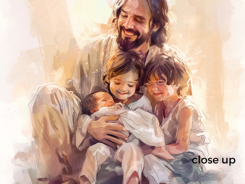 Jesus Christ With a Baby, Little Girl and Little Boy, Three Children ...