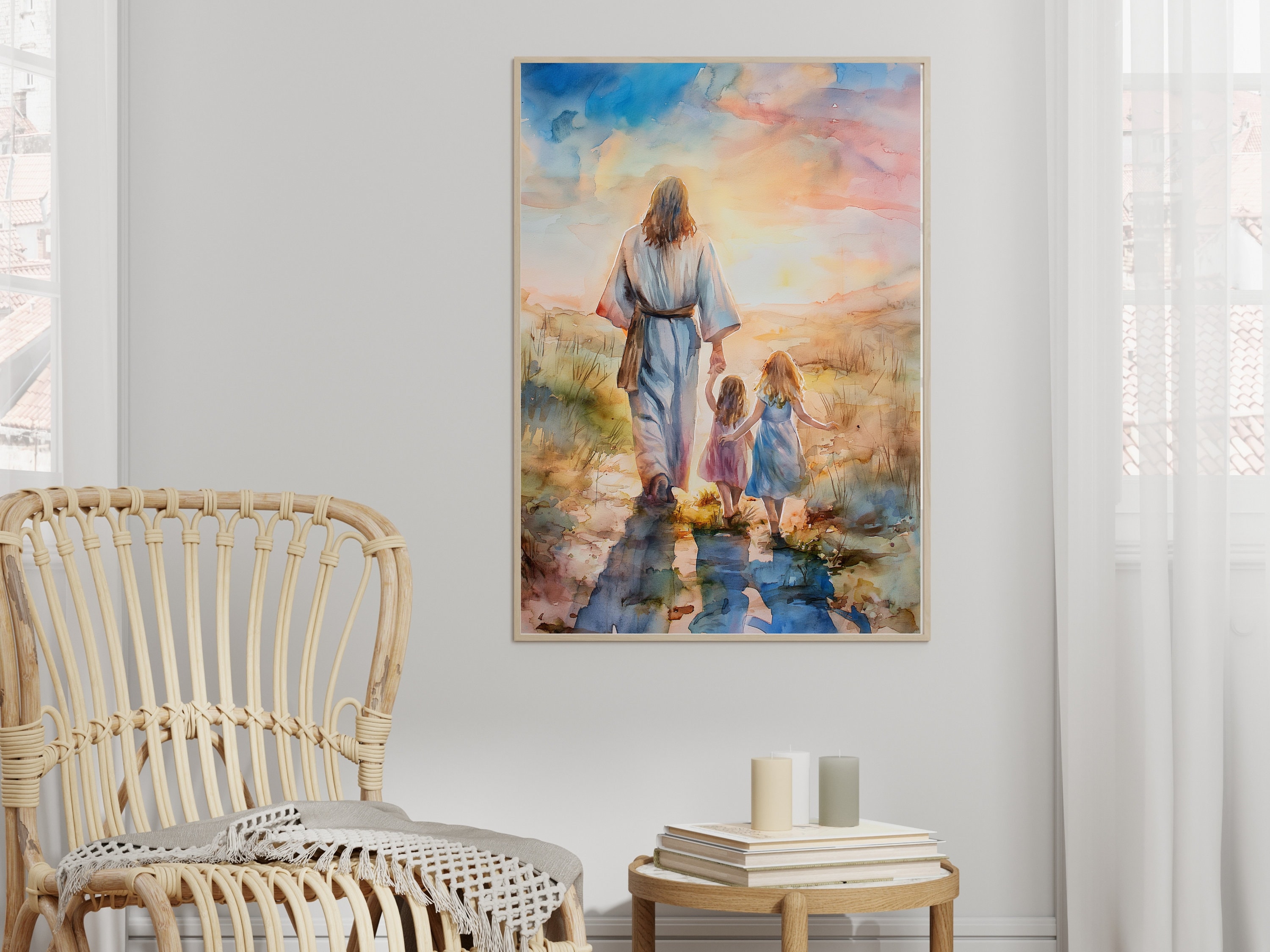 Jesus Christ With Sisters, Little Girls Watercolor, Bible Digital Print ...