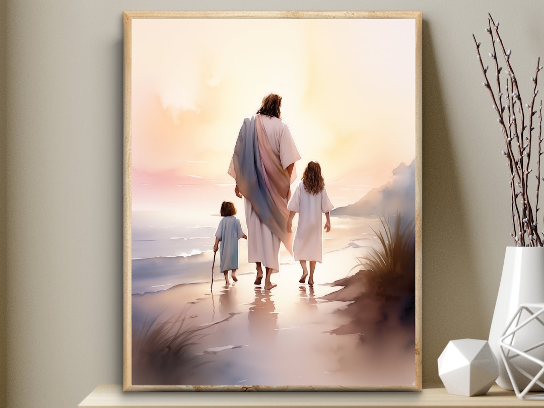 Small and Big Sisters With Jesus, Two Girls, Bible Digital Print, A ...