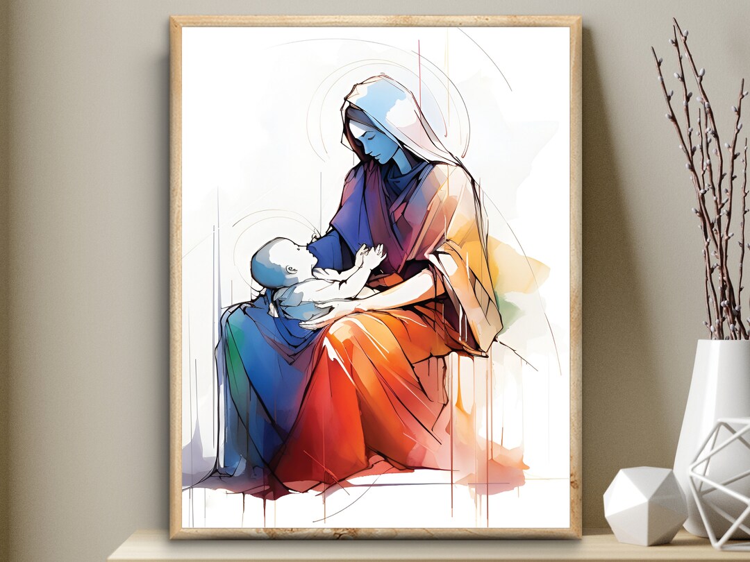 The Virgin Mary and Jesus, Bible Digital Art, Ink Sketch, Bible Art ...