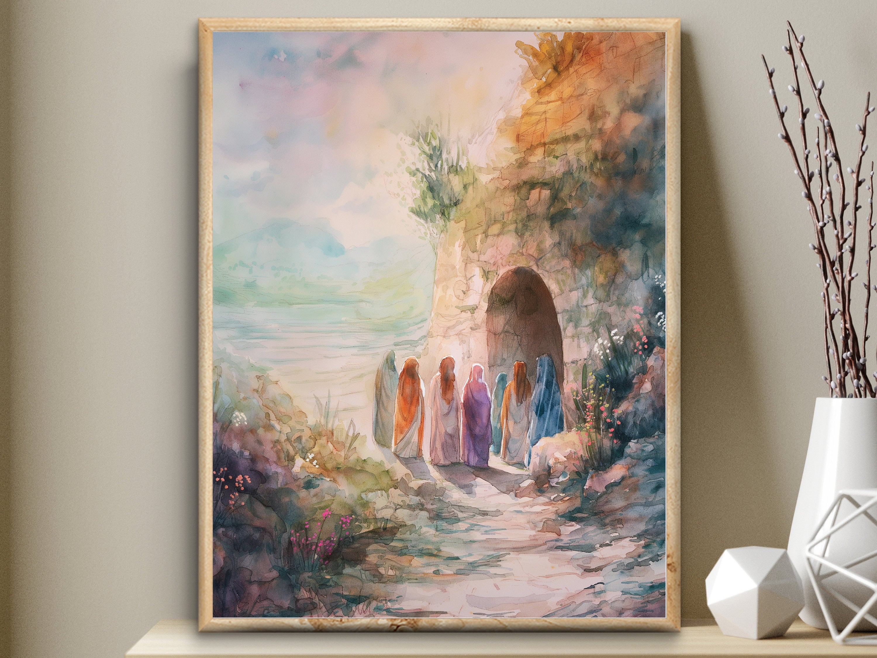 Women at Jesus Empty Tomb, Christ Resurrection Watercolor Printable ...