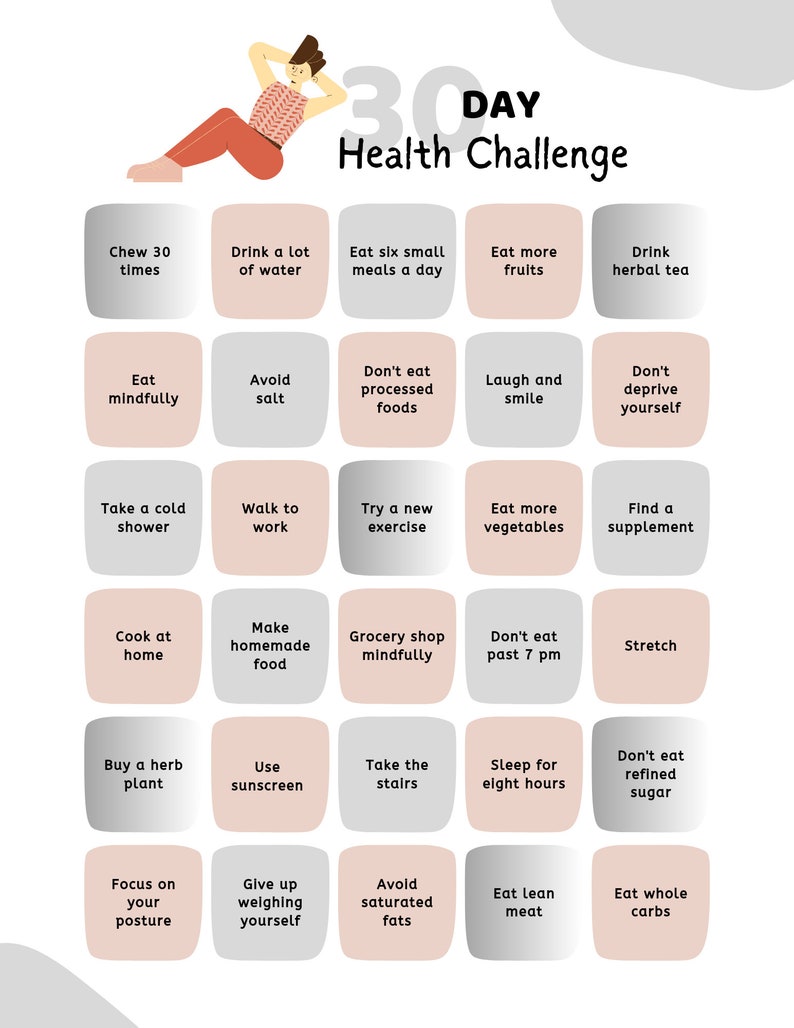30 Day Health-care Challenge. Printable. Different Colors Themes. - Etsy