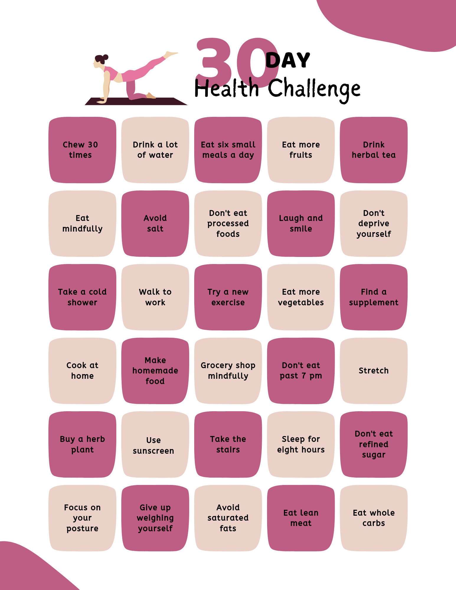 30 Day Health-care Challenge. Printable. Different Colors Themes. - Etsy