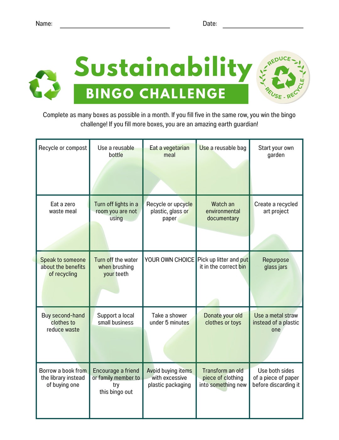 Sustainability Bingo Challenge M36. 30 Days Writing Plus Mindfulness ...
