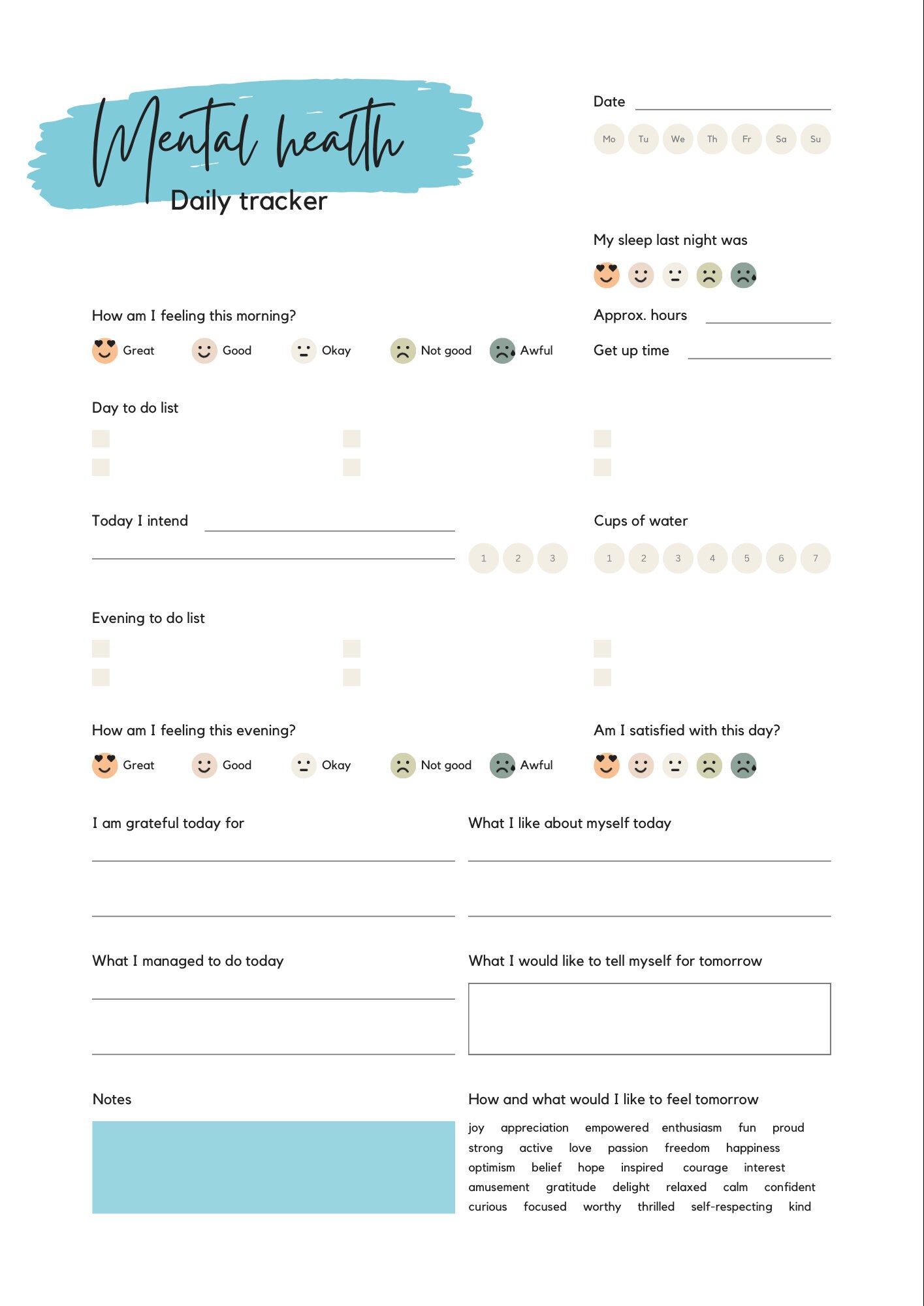 Mental Health Printable Template. Reflection. Daily Focus Journal ...