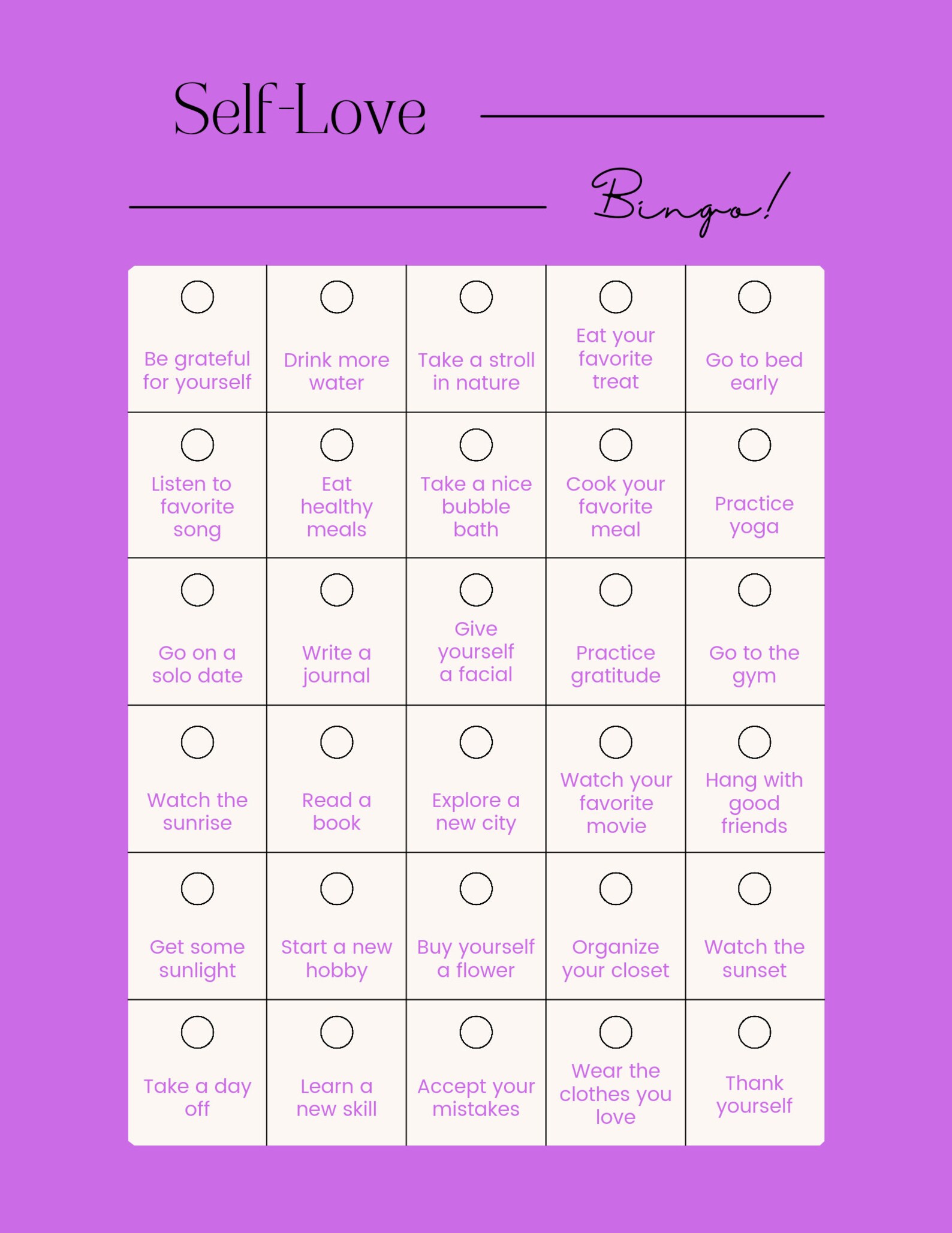 Self LOVE Bingo. M91 Purple or Green Theme. - Etsy