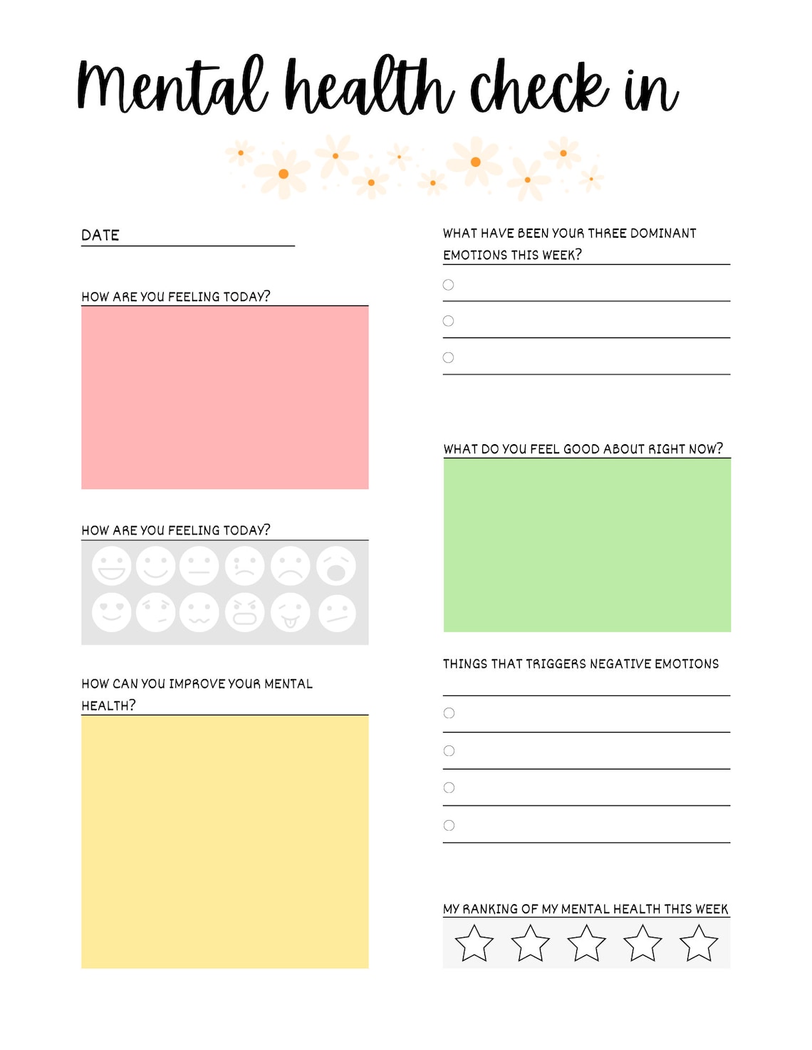 Mental Health Printable Template. Reflection. Daily Focus Journal ...