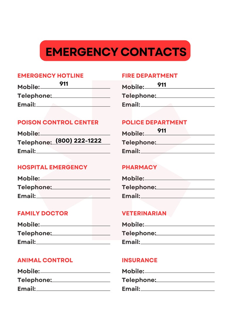 Emergency Contact List M38. Plan in Place. Phone Number List. - Etsy