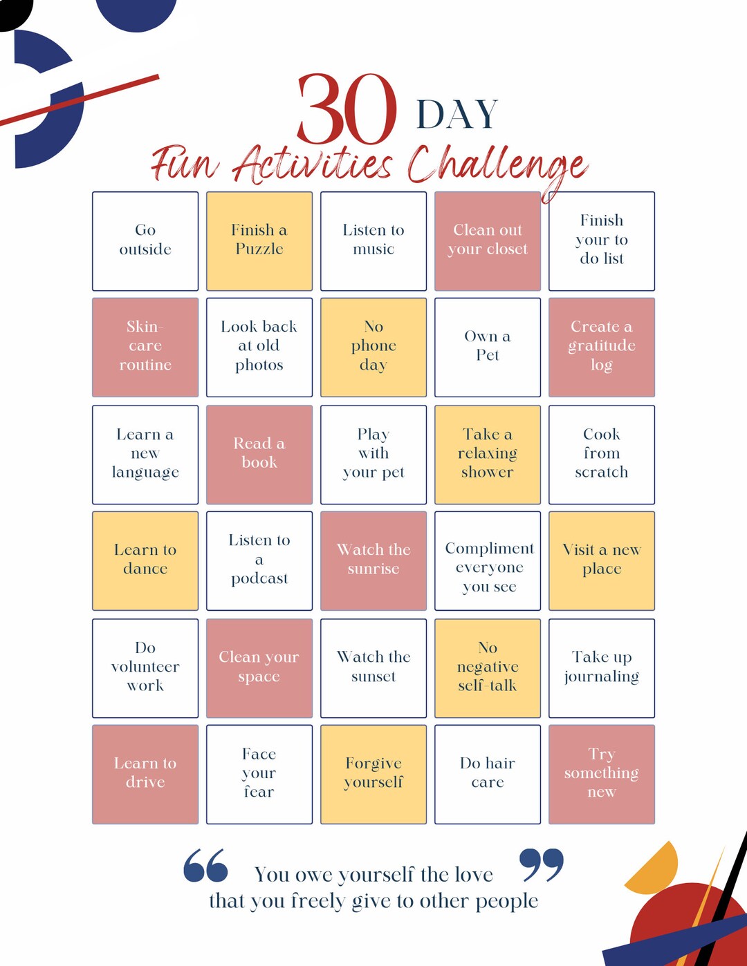 30 Day Fun Activities Challenge. 7 Day Positivity Challenge. - Etsy