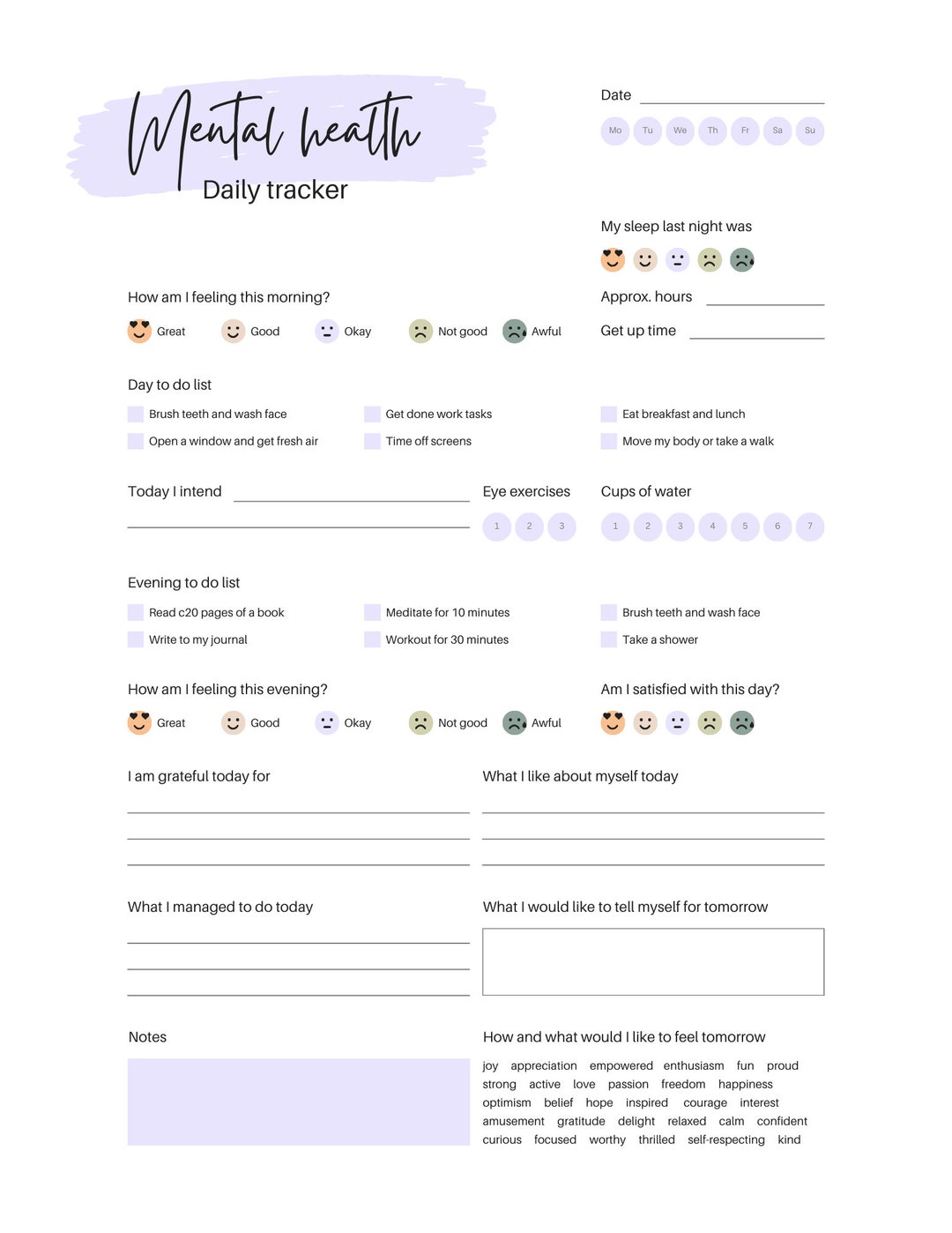 Mental Health Reflection. Daily Wellness Log. Gratitude Journal ...