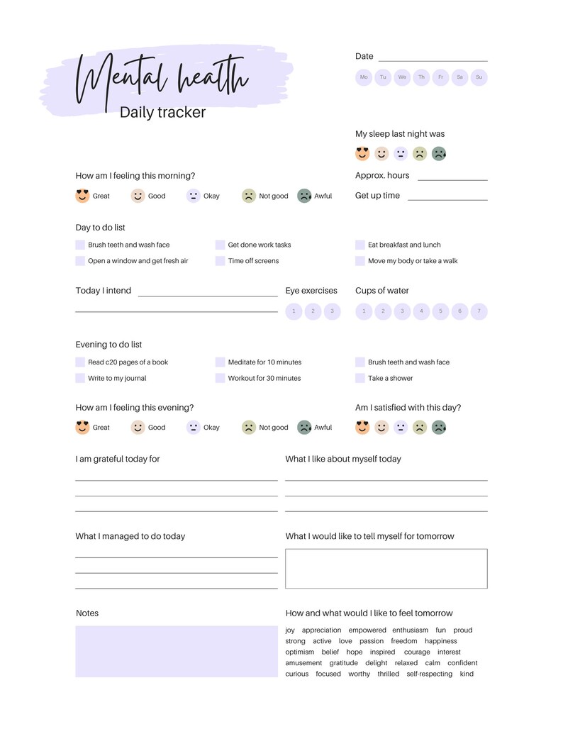 Mental Health Reflection. Daily Wellness Log. Gratitude Journal ...