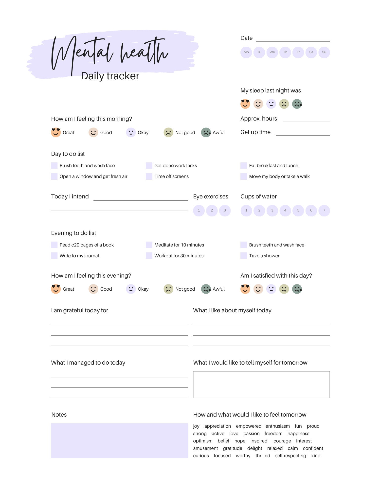 Mental Health Reflection. Daily Wellness Log. Gratitude Journal ...