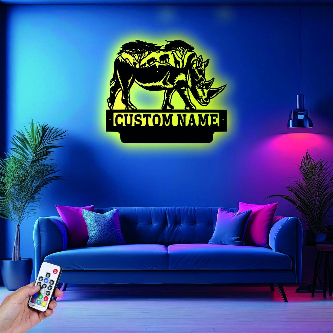 Custom Safari Rhino Metal Wall Art With LED Light, Personalized Rhino ...