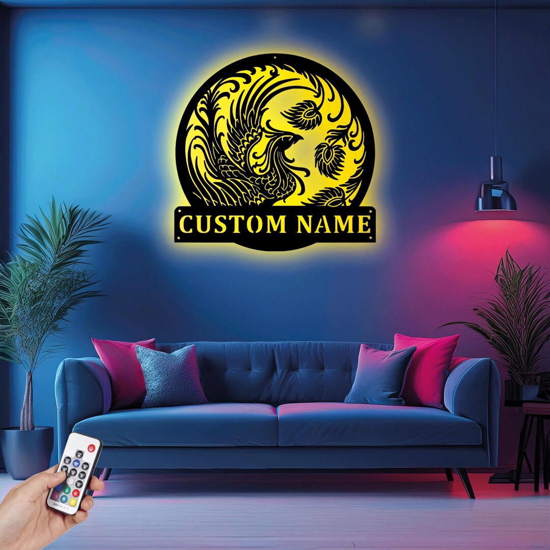 Custom Phoenix Metal Wall Art With LED Light, Personalized Phoenix Name ...
