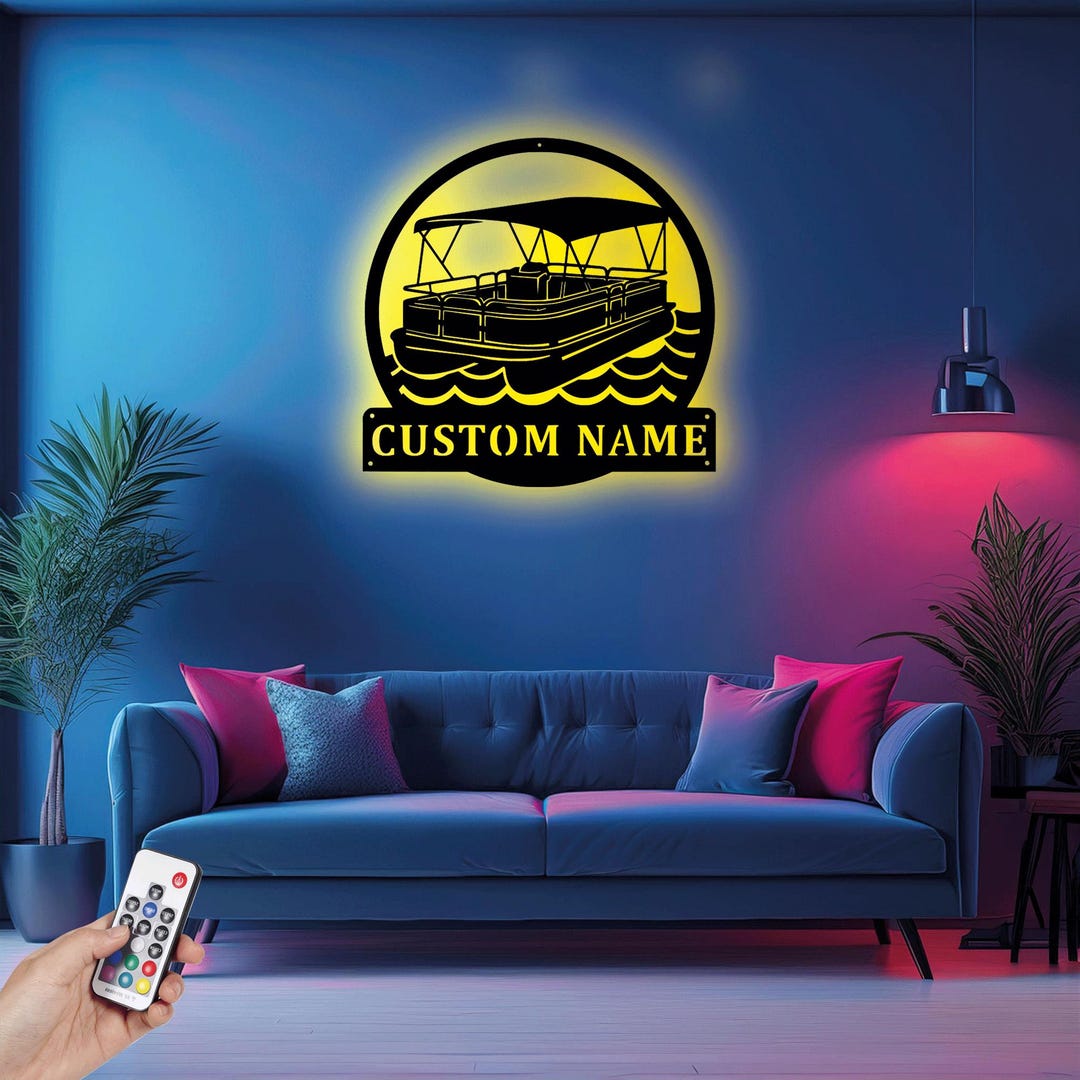 Custom Pontoon Boat Metal Wall Art With LED Light, Personalized Pontoon Boat Name Sign ...