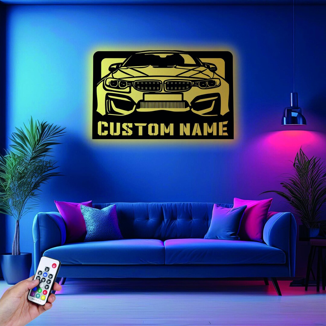 Custom Car Metal Wall Art With LED Light, Personalized Garage Car Name ...