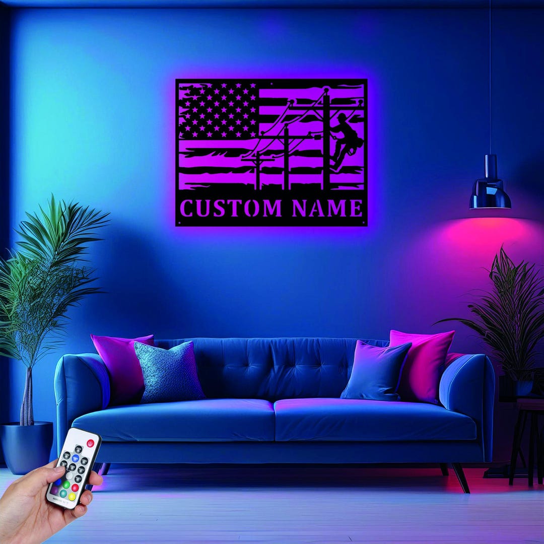Custom Lineman USA Flag Metal Wall Art With LED Light, Personalized ...