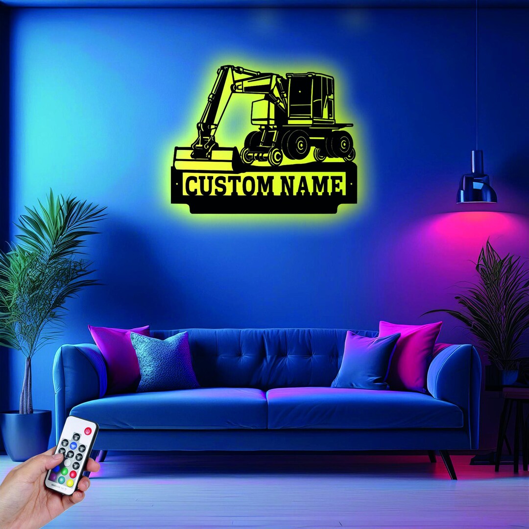 Custom Road Excavator Metal Wall Art With LED Light, Personalized ...