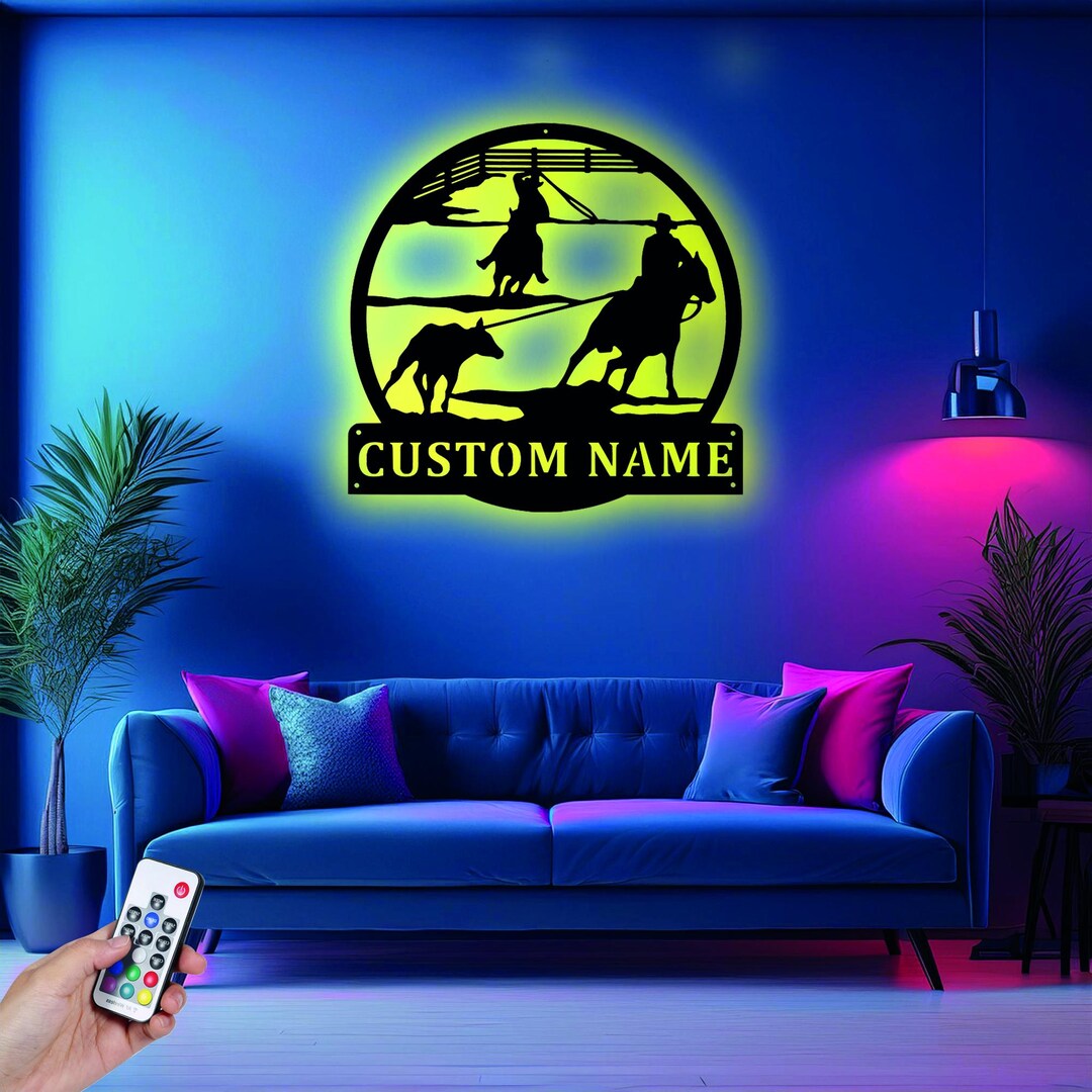 Custom Team Roper Cowboy Horse Metal Wall Art With LED Light ...