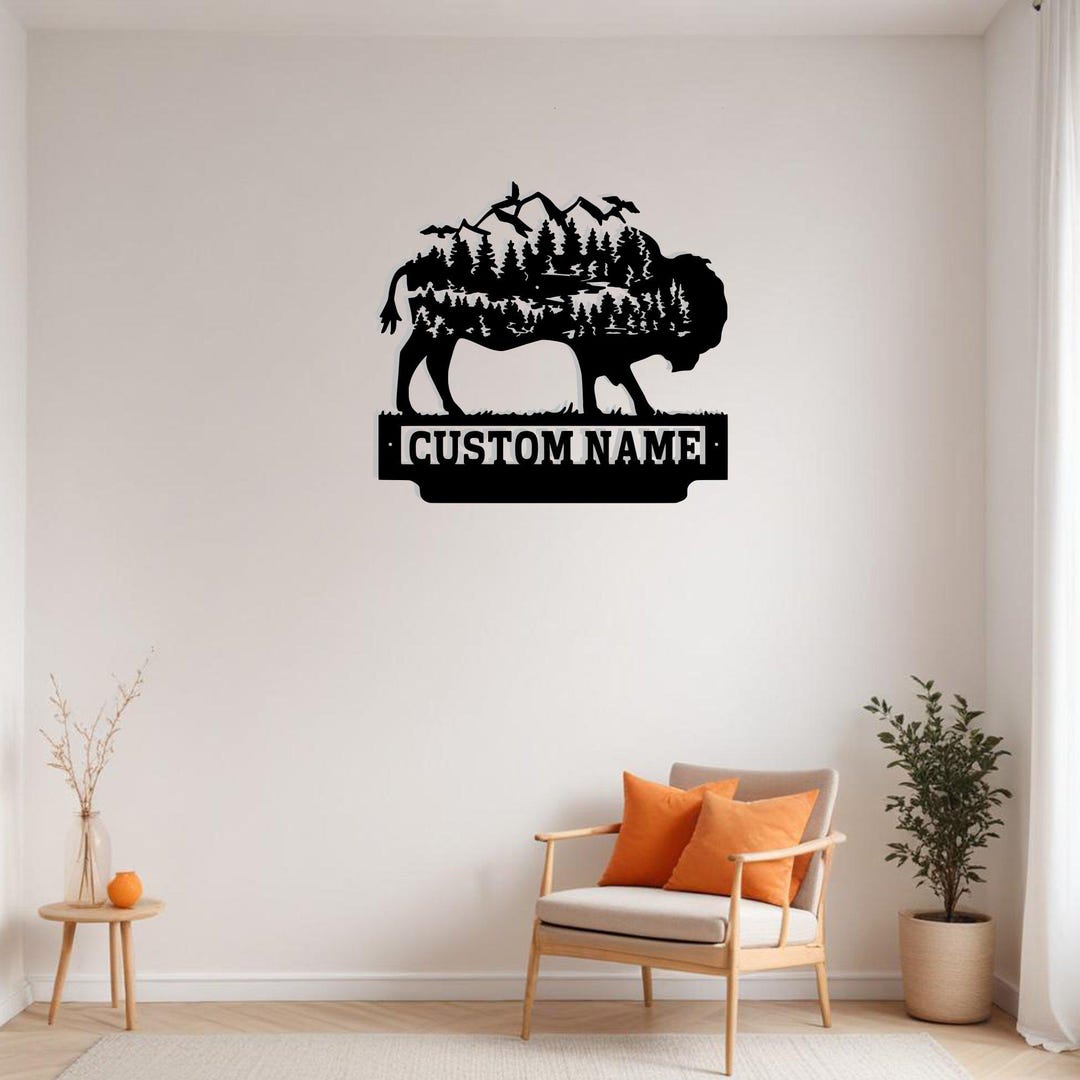 Custom Forest Mountain Bison Metal Wall Art, Personalized Bison ...