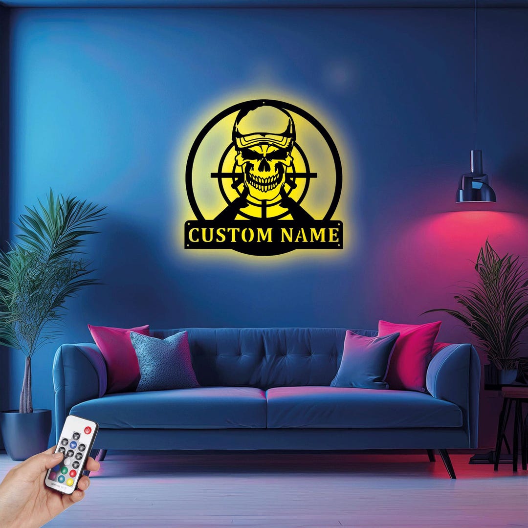 Custom Hunter Skull Metal Wall Art With LED Light, Personalized Hunter ...
