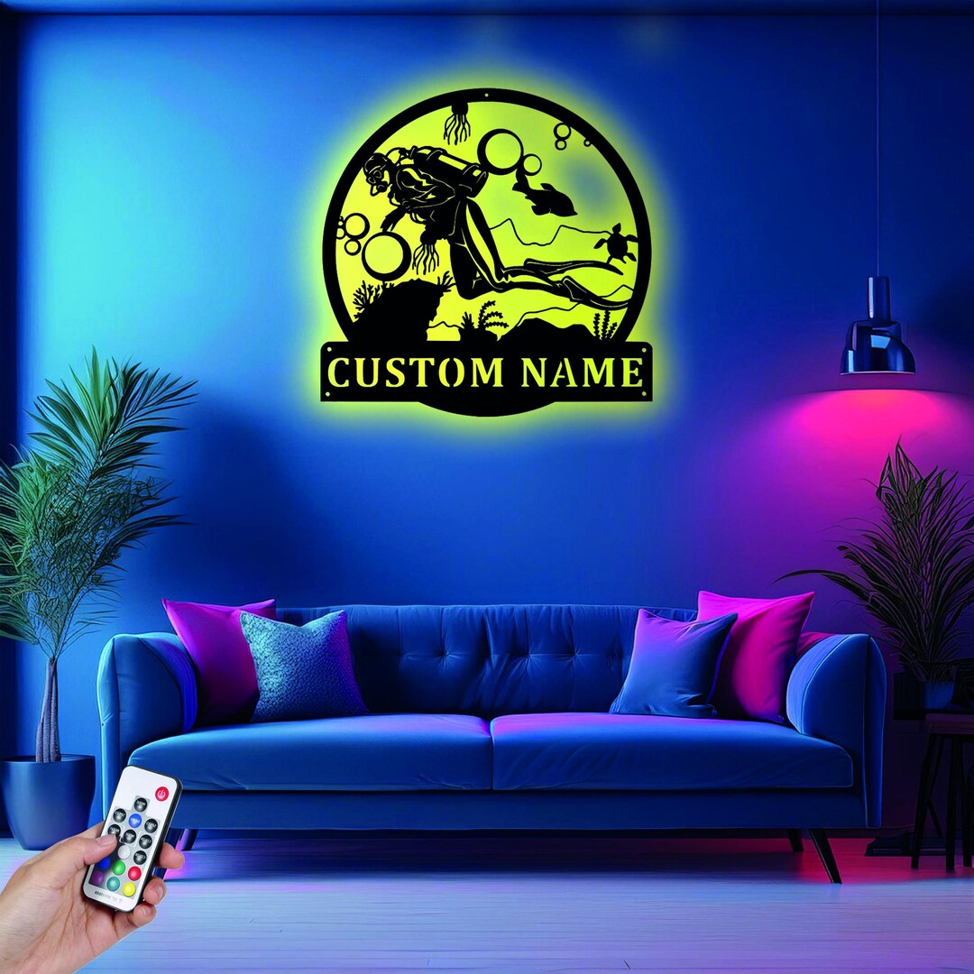Custom Scuba Diver Metal Wall Art With LED Light, Personalized Scuba ...