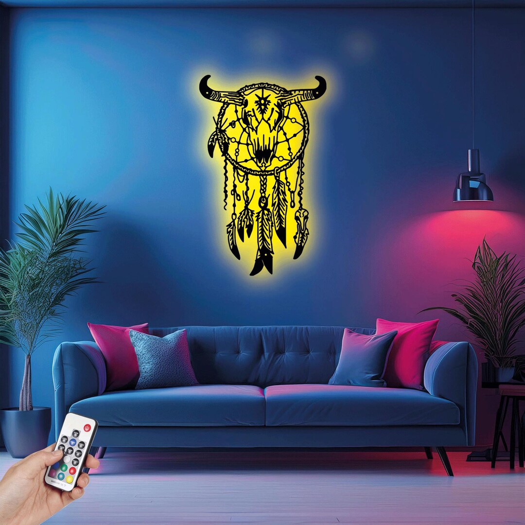 Custom Indian Cow Skull Dreamcatcher Metal Wall Art With LED Light ...
