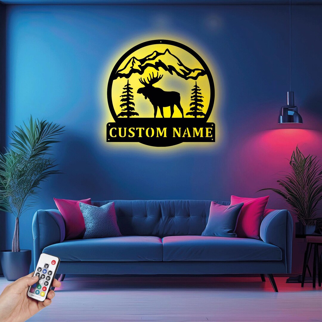 Custom Moose Mountains Wall Art With LED Light, Personalized Moose Name ...