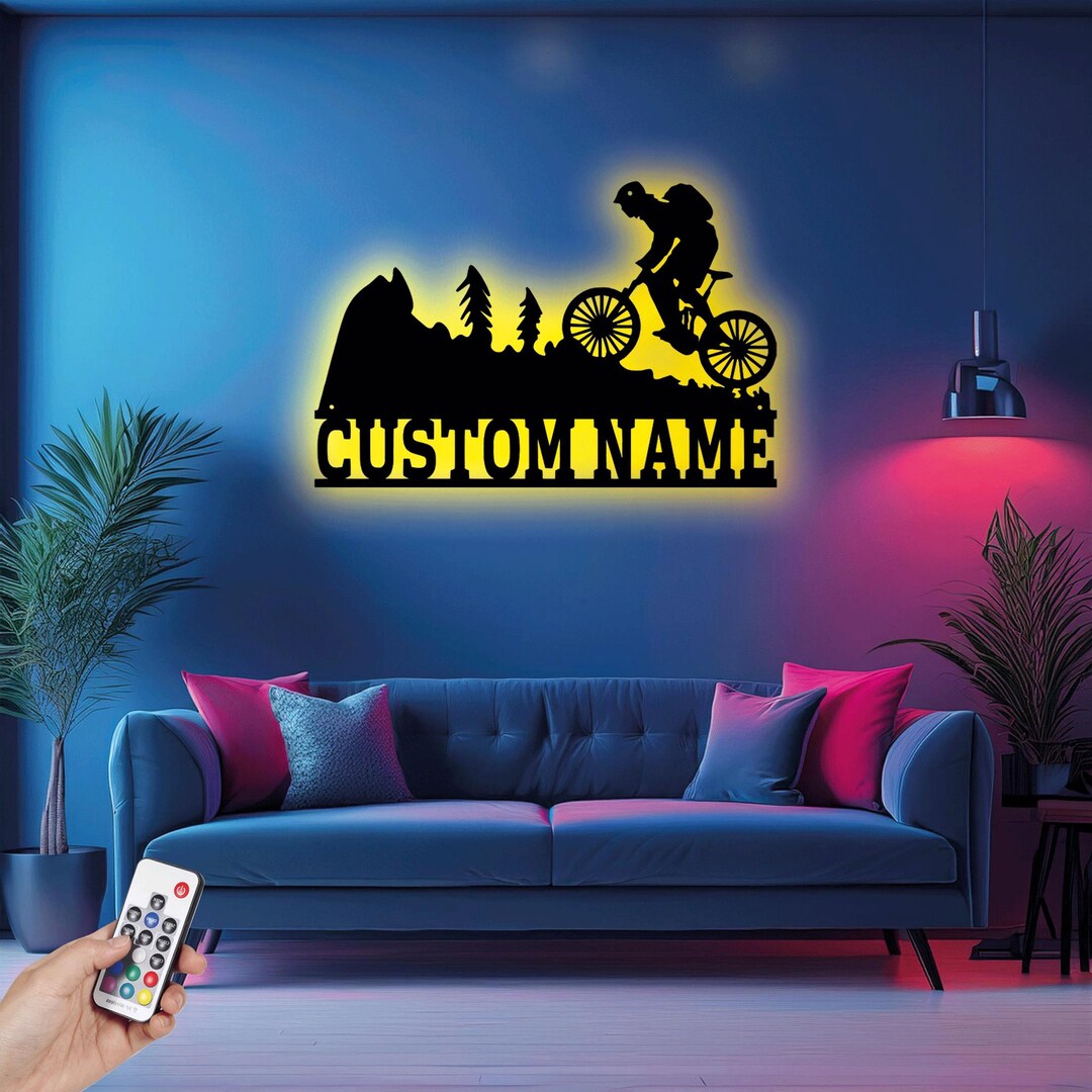 Custom Mountain Bike Metal Wall Art With LED Light, Personalized Bike ...