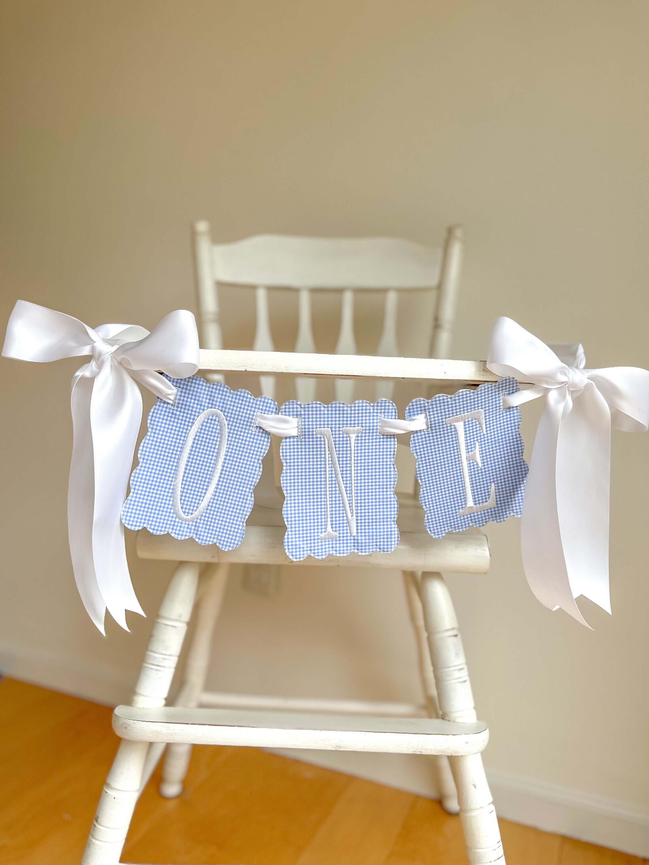 Simple Blue Gingham Embroidered First Birthday High Chair Banner Bows ...