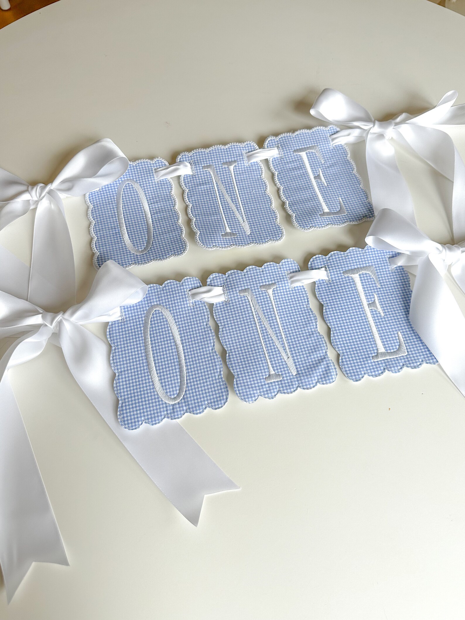 Simple Blue Gingham Embroidered First Birthday High Chair Banner Bows ...
