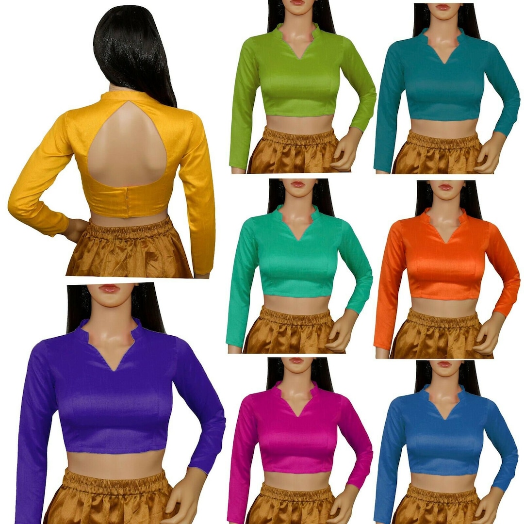 Women's Designer Sari Blouse Dupion Silk Collor Neck Long Sleeve Crop ...