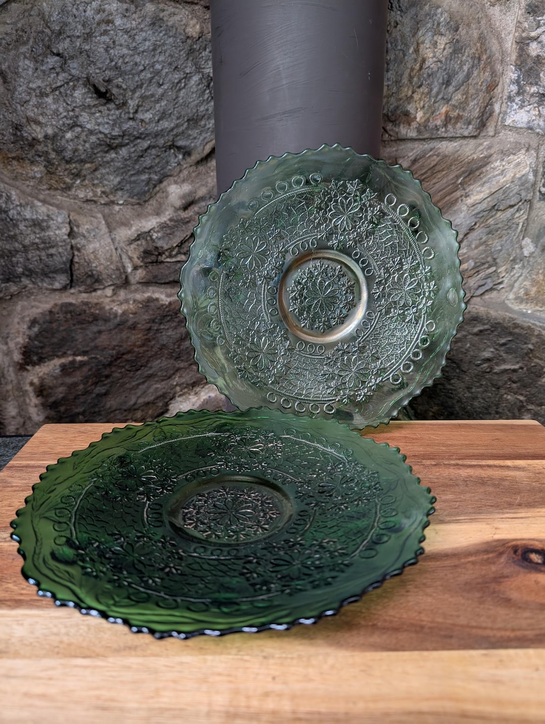 Vintage Pair of Fenton Leaf Chain Carnival Glass Plates in Emerald ...