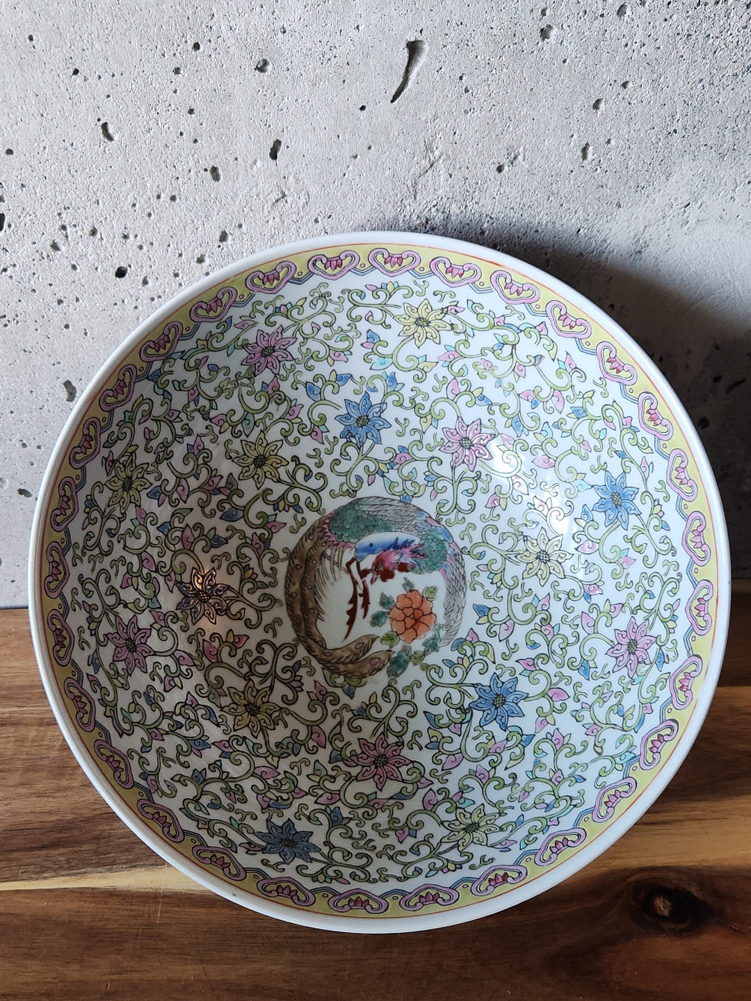 Vintage Chinese Eggshell Porcelain LARGE Bowl-mcm-hand Painted Dragon ...
