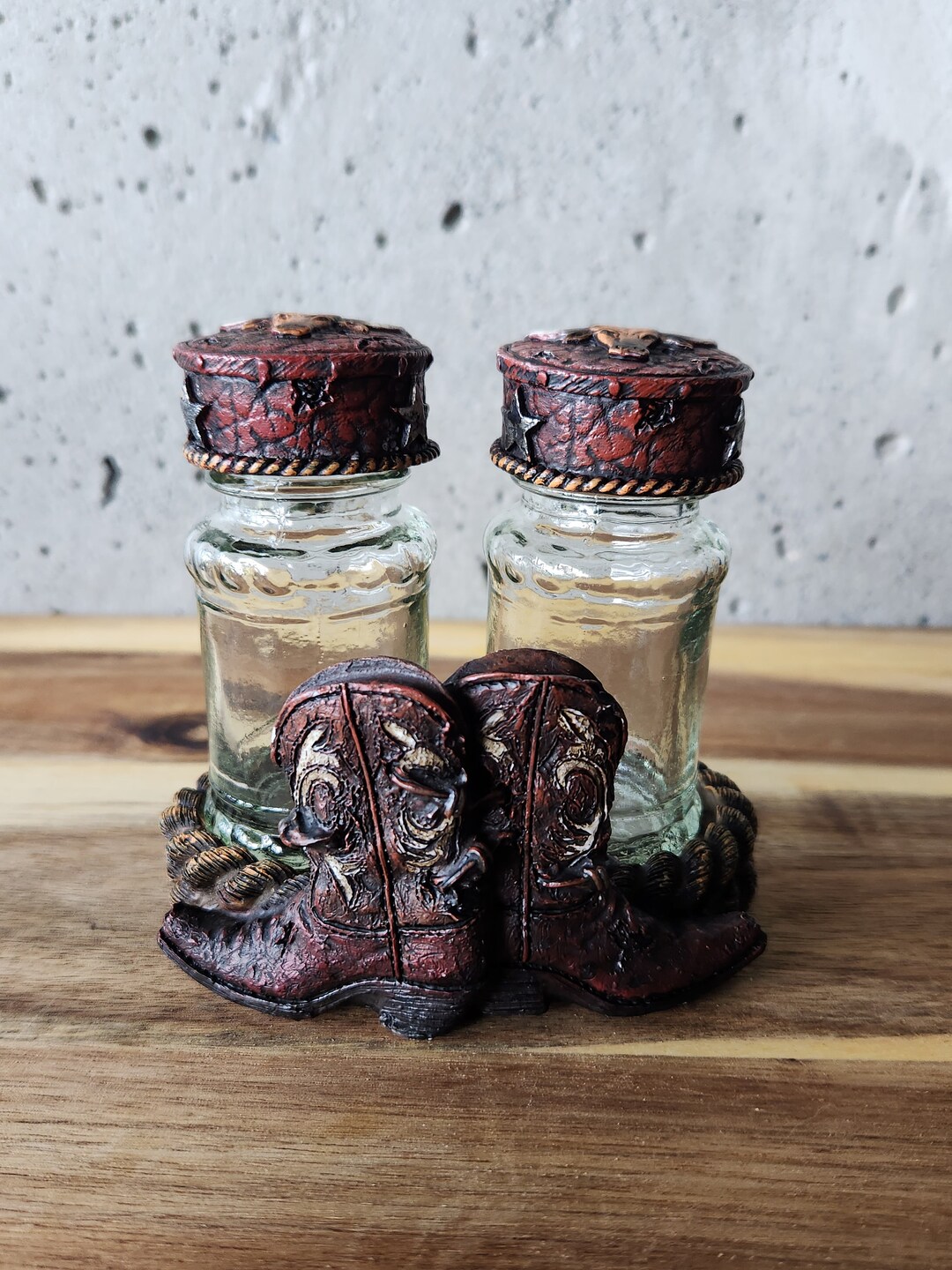 Rustic Salt and Pepper Shakers-glass Shakers-cowboy Boots Motif-poly ...